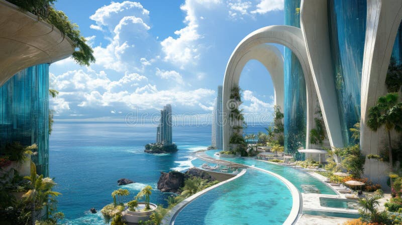 Futuristic Coastal City with Modern Architecture and Ocean Views Stock ...