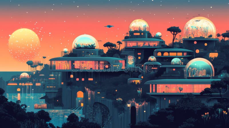 Futuristic Coastal City at Sunset Pixel Art Stock Illustration ...