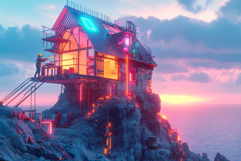 Futuristic Coastal Construction Worker Building House on Digital Cliffs ...