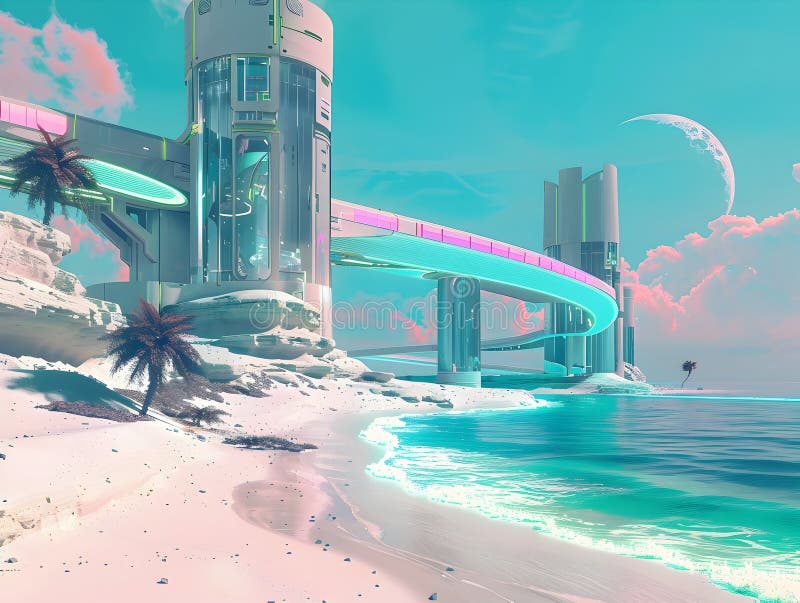 Futuristic Coastline with Robotic Waves Neon Infused Sand and Sleek ...