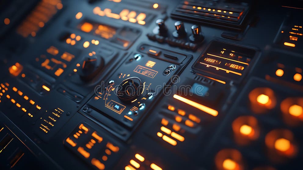 Futuristic Cockpit Interface with Illuminated Buttons, Display Screens, and Control Panel ...