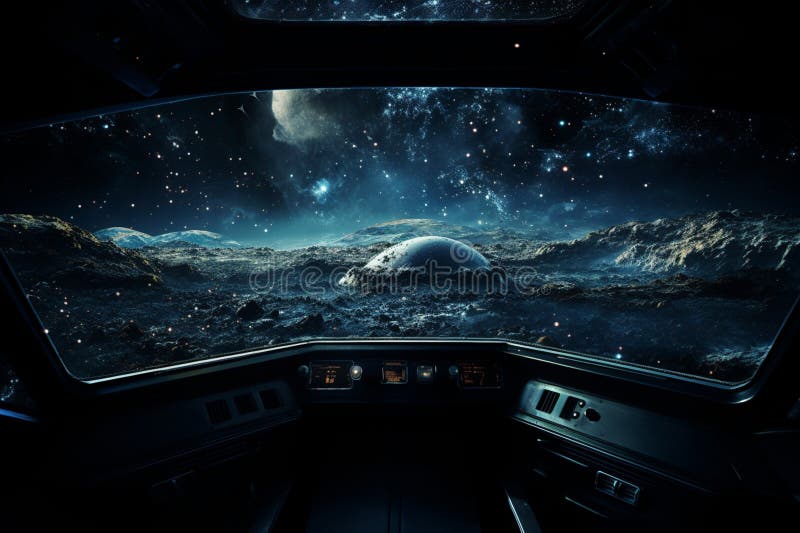 Futuristic Cockpit of Spaceship Control System Room with Planets View ...