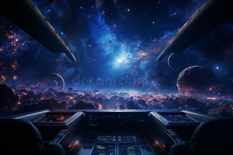 Futuristic Cockpit of Spaceship Control System Room with Planets View ...