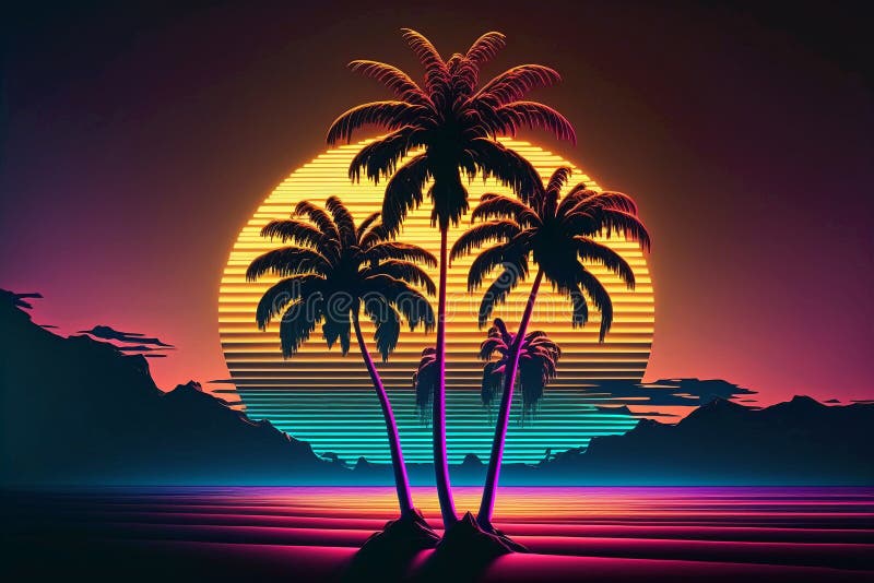 Futuristic Coconut Palms in Sunset with Neon Rays. Generative Ai Stock ...