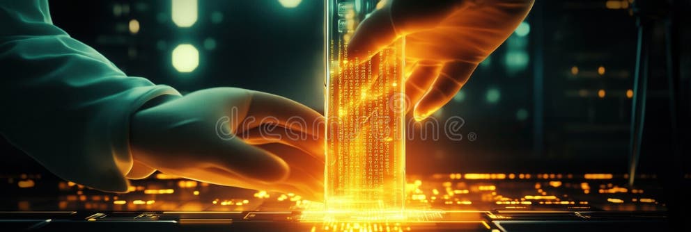 Futuristic Code Interface Illuminated by Screens in a Dark Room ...