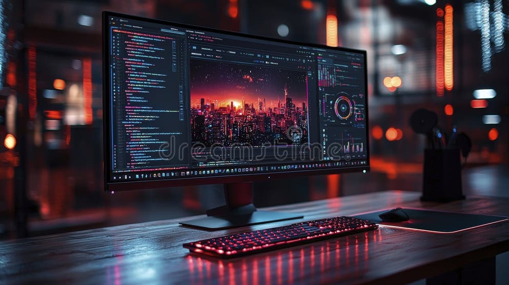 Futuristic Coding Setup with Cityscape Background Stock Illustration ...