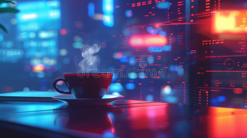 Futuristic Coffee Desk Scene Featuring Holographic Ai Solutions in a ...