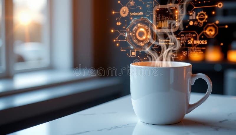 Futuristic Coffee Mug Emits Steam, Surrounded by Digital Icons and Data ...