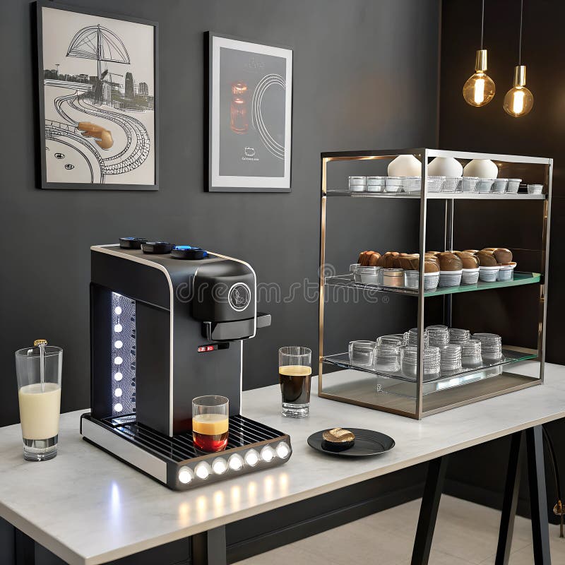 Futuristic Coffee Setup with Modern Espresso Machine and Sleek Shelving ...