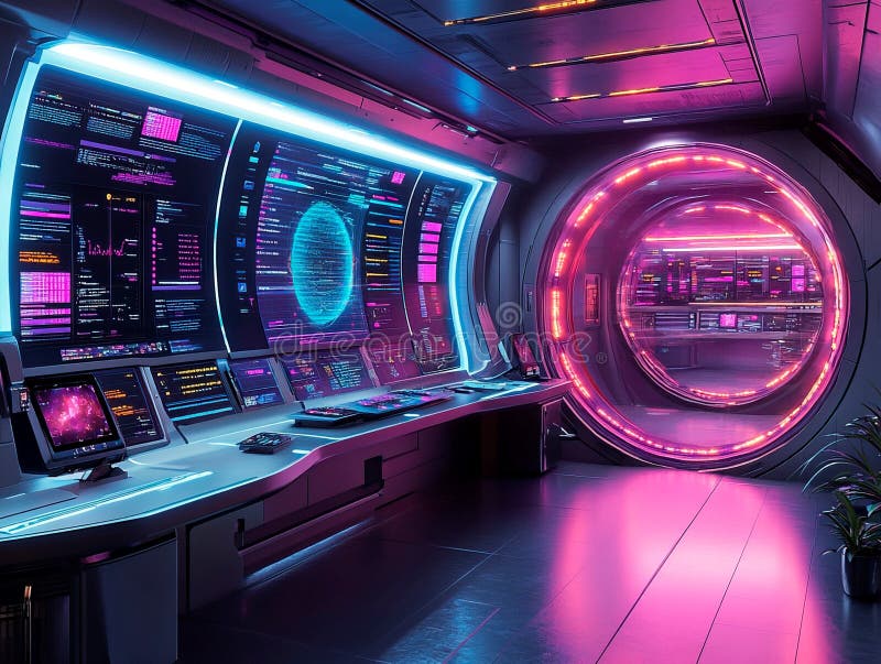 A Futuristic, Colorful Control Room with a Central Circular Window ...