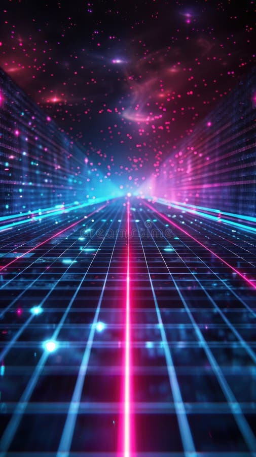 Futuristic Colorful Neon Grid Pattern Extending into a Virtual Galaxy ...