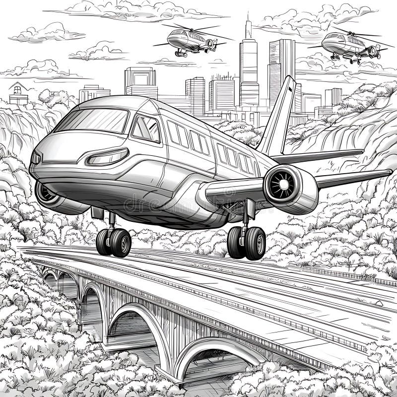 Futuristic Coloring Page of Cityscape with Aircraft Stock Illustration ...