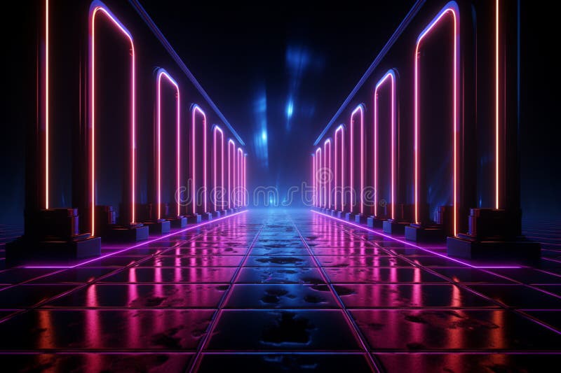 Futuristic Columns and Neon Lights Frame a 3D Geometric Backdrop ...