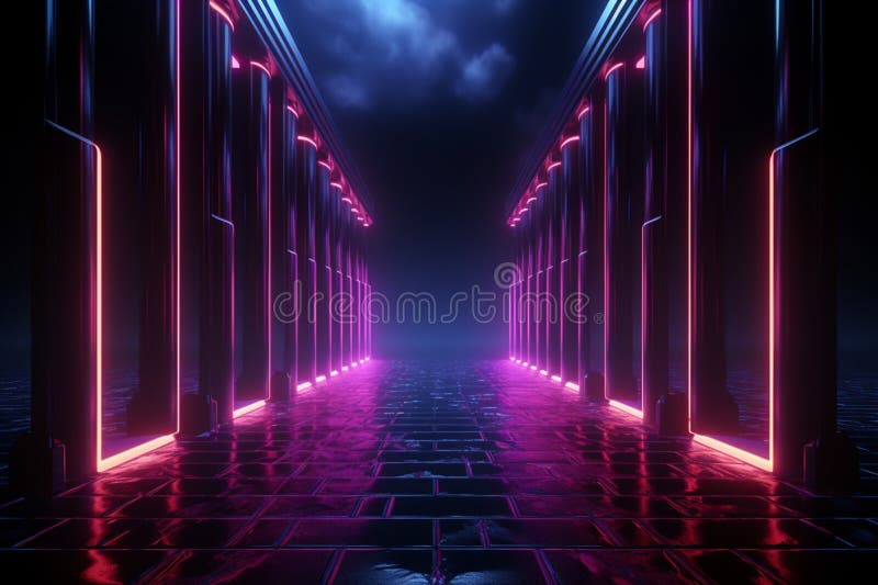 Futuristic Columns and Neon Lights Frame a 3D Geometric Backdrop ...