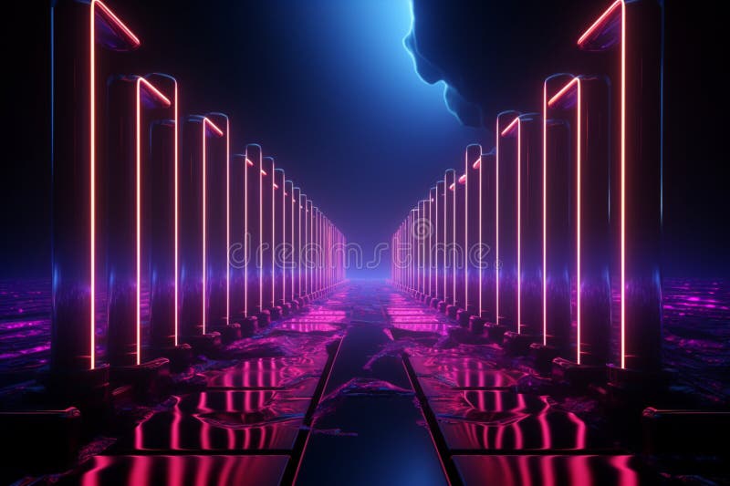 Futuristic Columns and Neon Lights Frame a 3D Geometric Backdrop ...