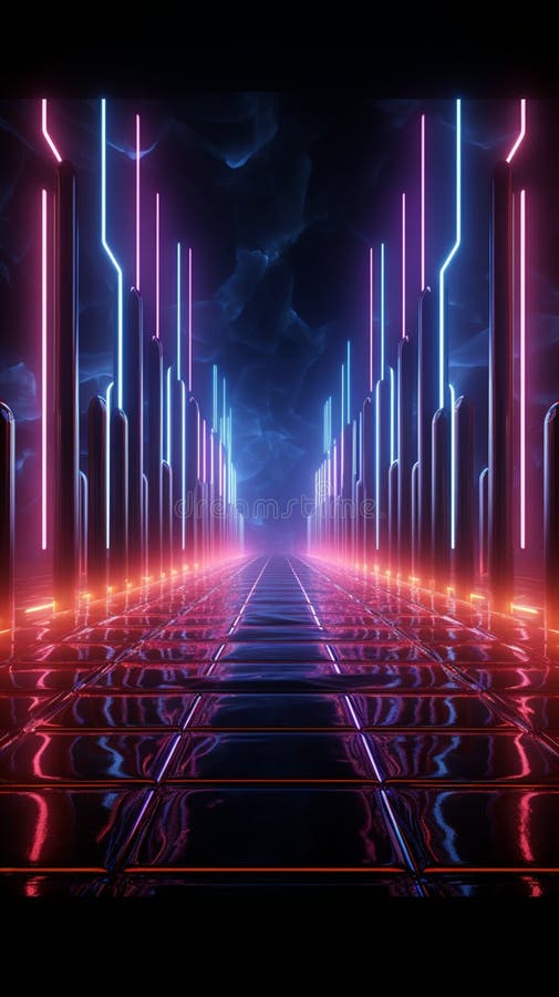 Futuristic Columns and Neon Lights Frame a 3D Geometric Backdrop ...