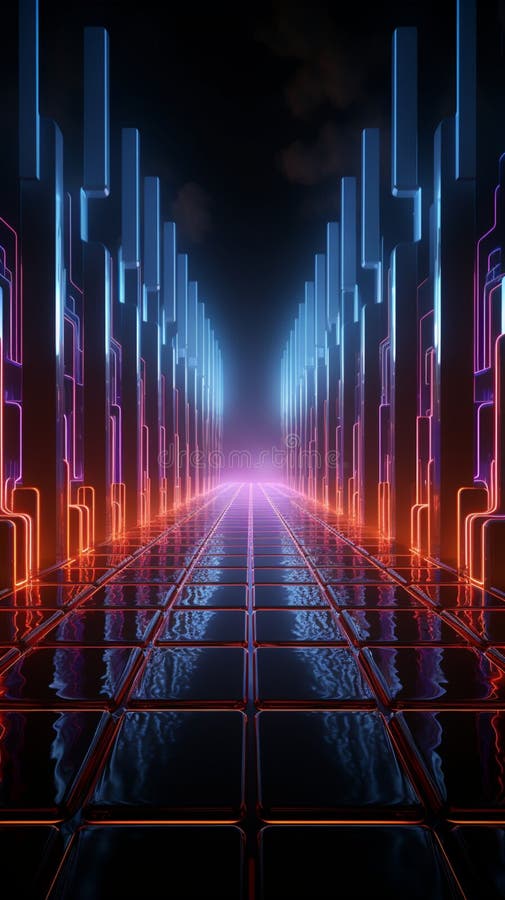 Futuristic Columns and Neon Lights Frame a 3D Geometric Backdrop ...