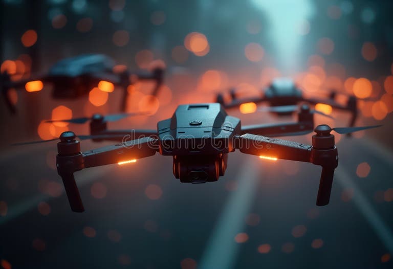 Futuristic Combat Drones in Swarming Formation. Attack Operation ...