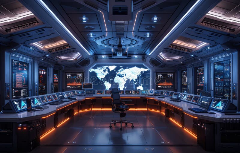 Futuristic Command Center With Advanced Technology And Global Map Display On Multiple Screens