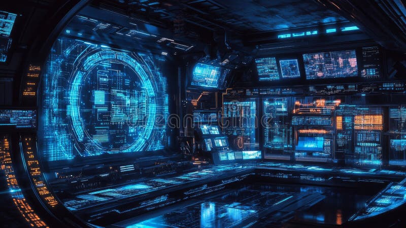 Futuristic Command Center with Blue Neon Glows. Neural Network AI ...