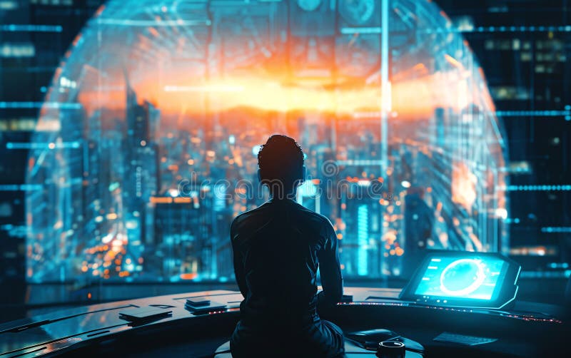 Futuristic Command Center with City View Stock Illustration ...