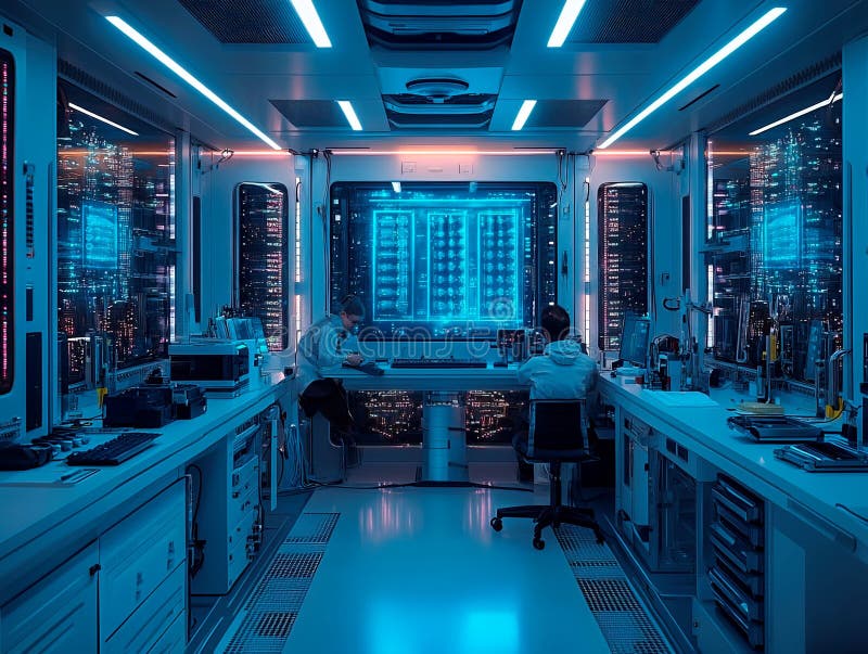 A Futuristic Command Center or Control Room with Two Individuals, One ...