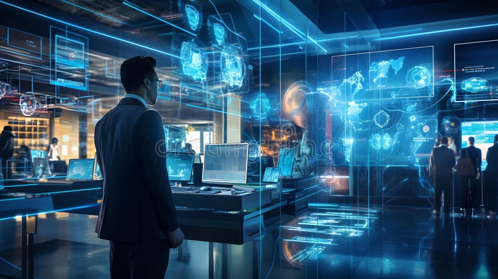 Futuristic Command Center with Data Visualizations and Busy Staff. High ...