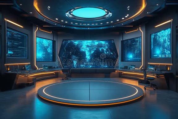 ?Futuristic Command Center Displaying a World Map and Various Data Streams on Multiple Screens ...