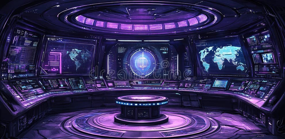 Futuristic Command Center with Glowing Screens and a Central Control ...