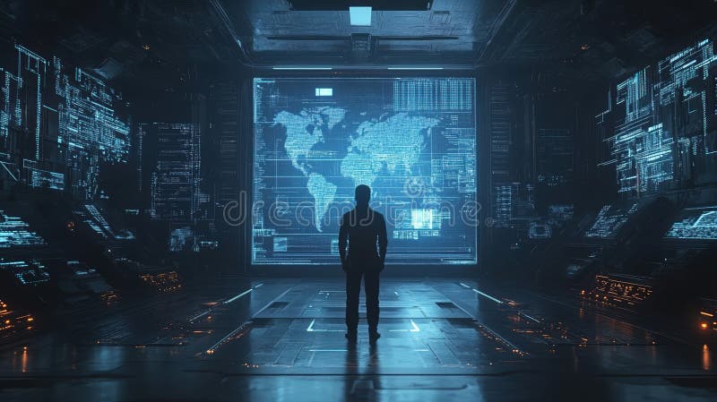 Futuristic Command Center with Holographic World Map Display and Silhouette of Person Observing ...