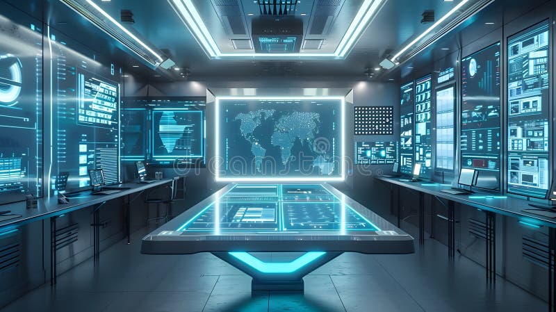 Futuristic Command Center with Interactive Touch-Screen Tables and ...