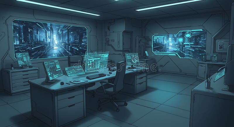 Futuristic Command Center Interior with Data Displays and Technical ...