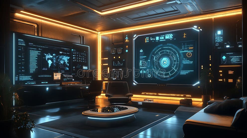Futuristic Command Center Interior Design Technology Interface Screens ...