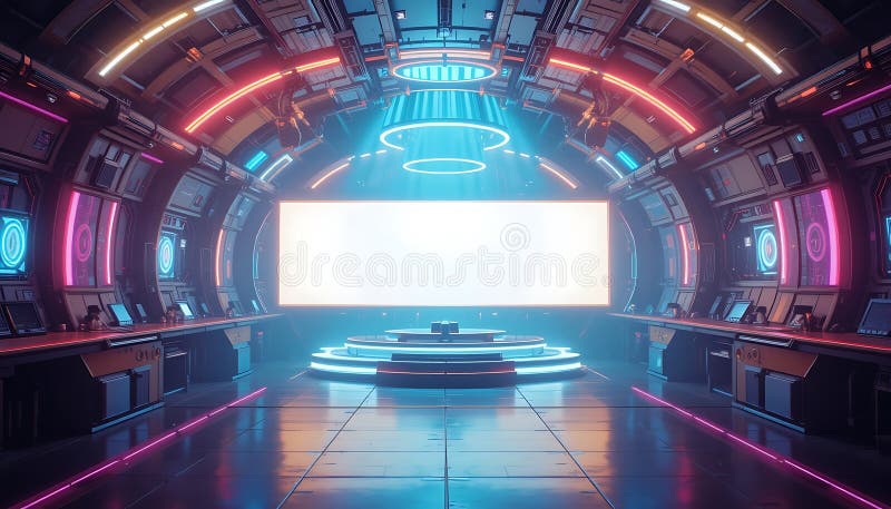 Futuristic Command Center Interior with Glowing Screen and Neon Accents ...