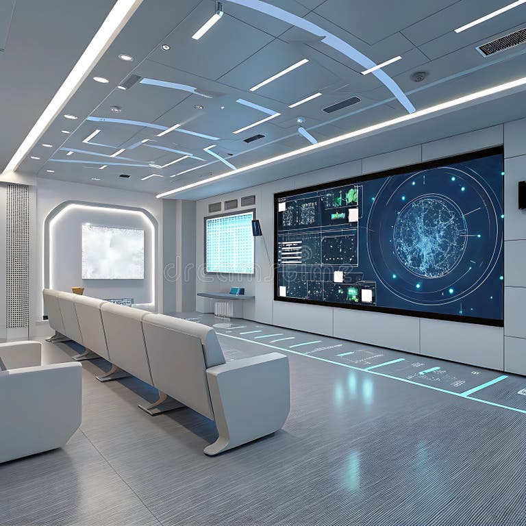 Futuristic Command Center Interior with Large Display Screens and ...