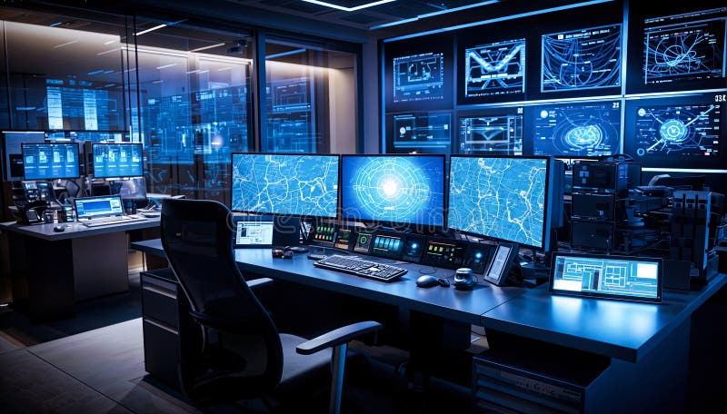 Futuristic Command Center with Multiple Monitors Displaying Complex Data and Maps Stock ...