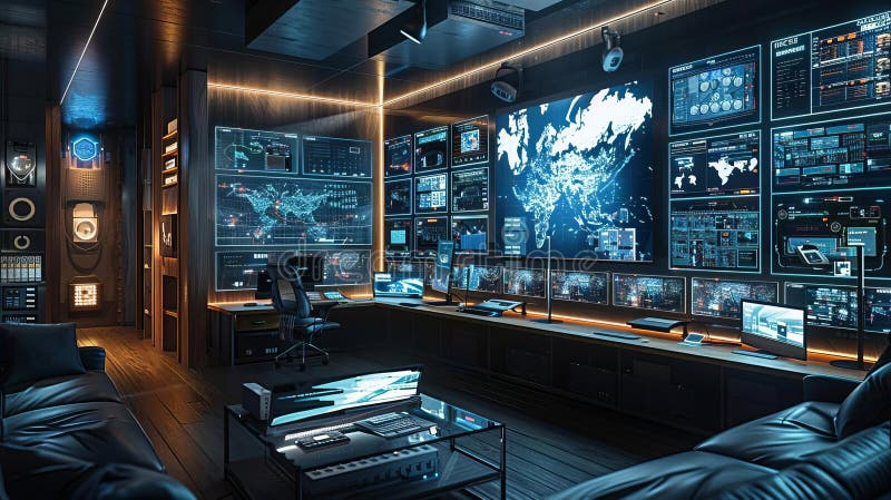 A Futuristic Command Center with Multiple Screens Displaying Data and a World Map Stock ...