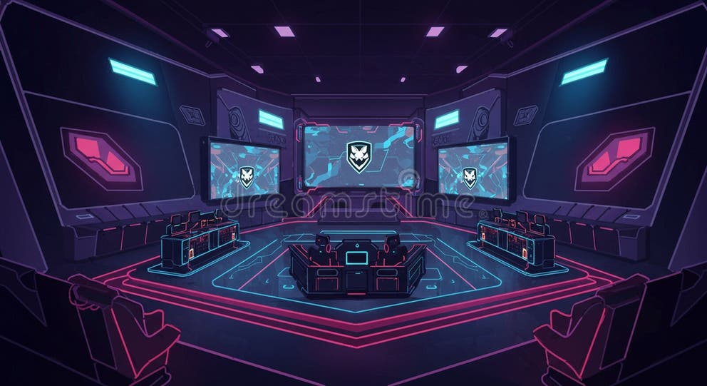 Futuristic Command Center with Neon Blue and Pink Lighting. Features ...