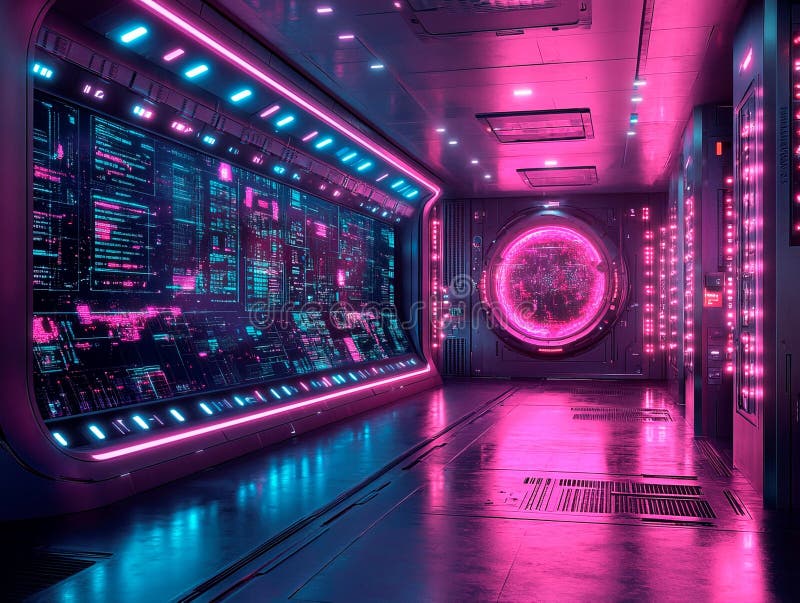 A Futuristic Command Center with Neon Pink Lighting and a Glowing ...