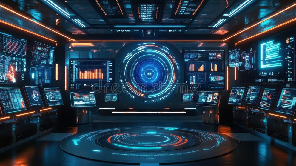 Futuristic Command Center Showing Charts and Codes on Multiple Screens Stock Image - Image of ...