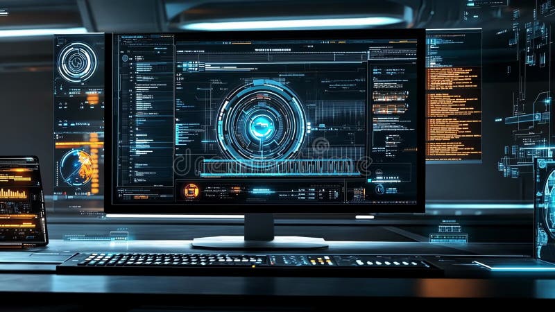 Futuristic Command Center Showing Charts, Data Analysis and Code on Multiple Screens Stock ...