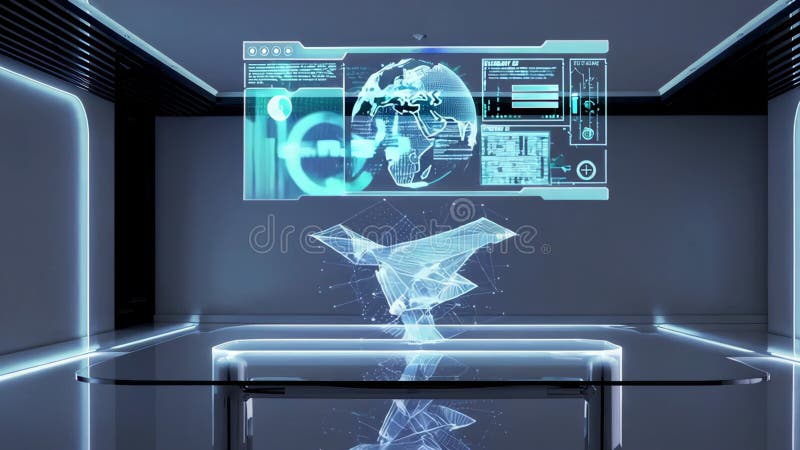 Futuristic Command Center Showing Rotating Globe And Data Analysis