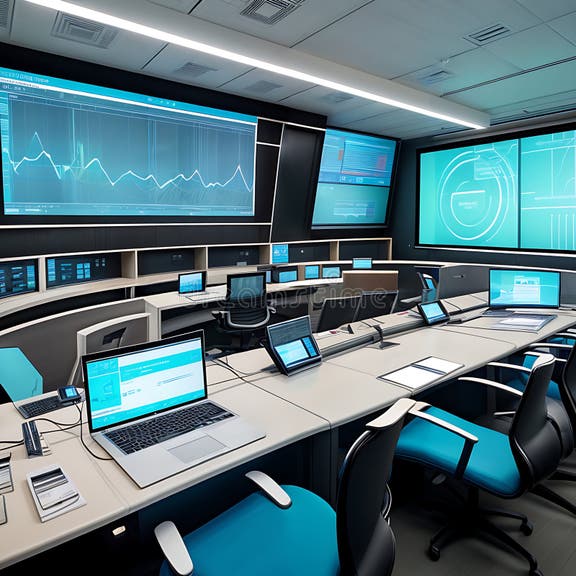 A Futuristic Command Room with Several Large Screens with Graphics ...