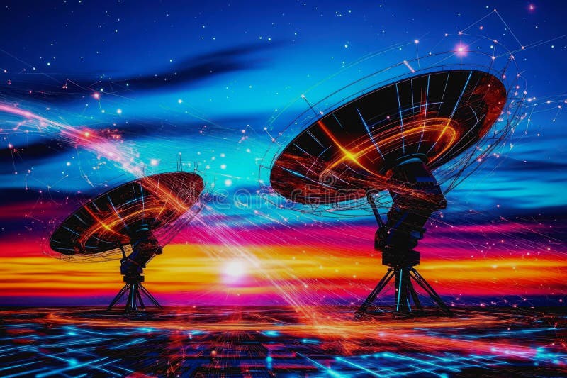 Futuristic Communication Landscape at Dusk with Satellite Dishes and ...
