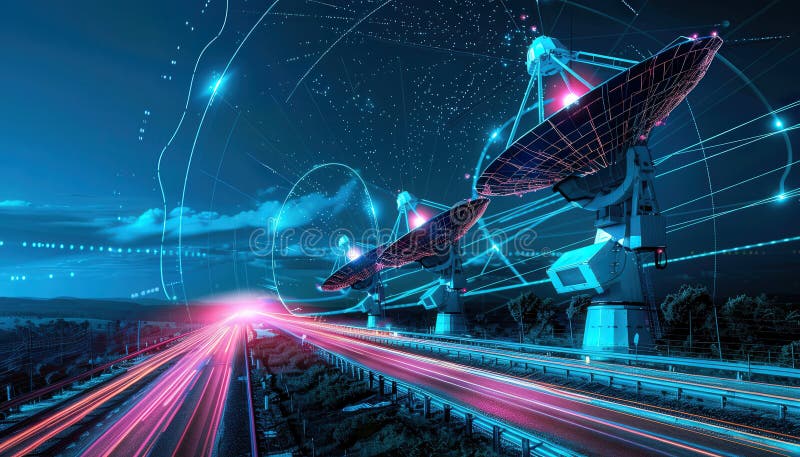 Futuristic Communication Satellite Array Along a Highway, Illuminated ...