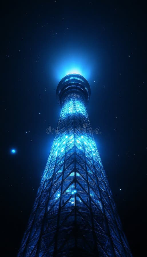 Futuristic Communication Tower Illuminating the Dark, Misty Night Sky ...