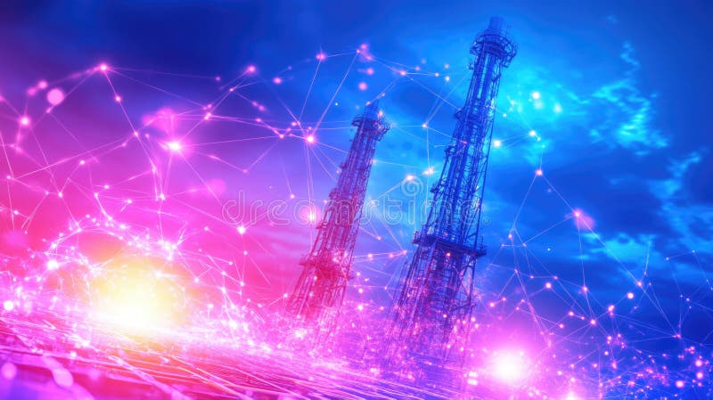 Futuristic Communication Towers Amidst a Digital Network in Vibrant ...