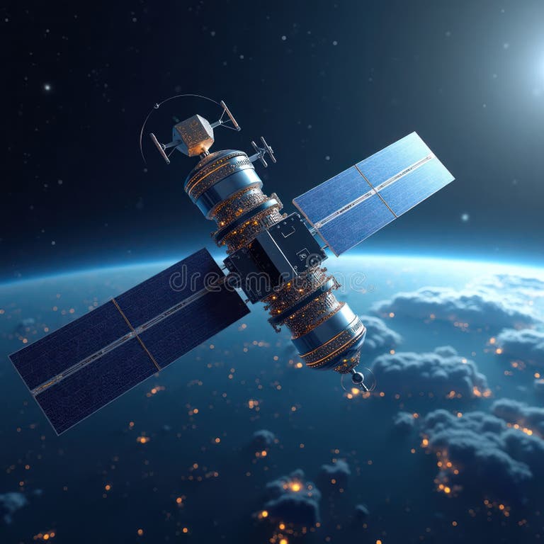 Futuristic Communications Satellite Orbits Earth. Advanced Tech ...