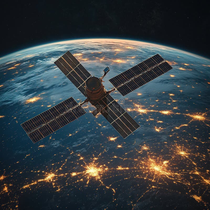 Futuristic Communications Satellite Orbits Earth Broadcasting Digital ...
