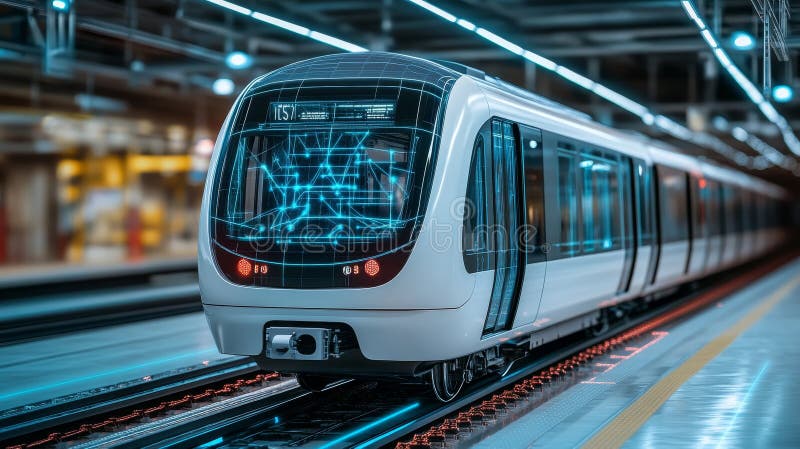 Futuristic Commuter Train with Digital Display at Empty Subway Station ...